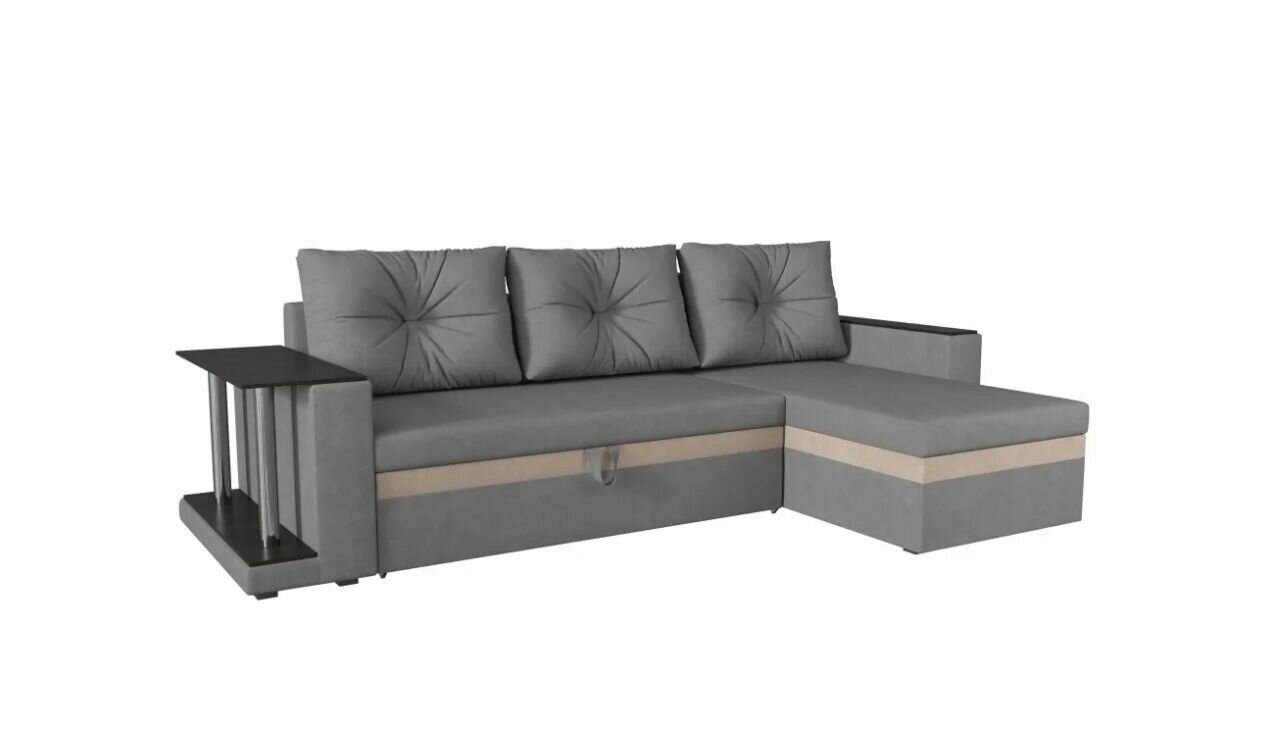 Угловой диван Атланта, Еврокнижка, Велюр, Серый/Темный Беж, Угол правый, Ящик для белья, 248x130x83 см