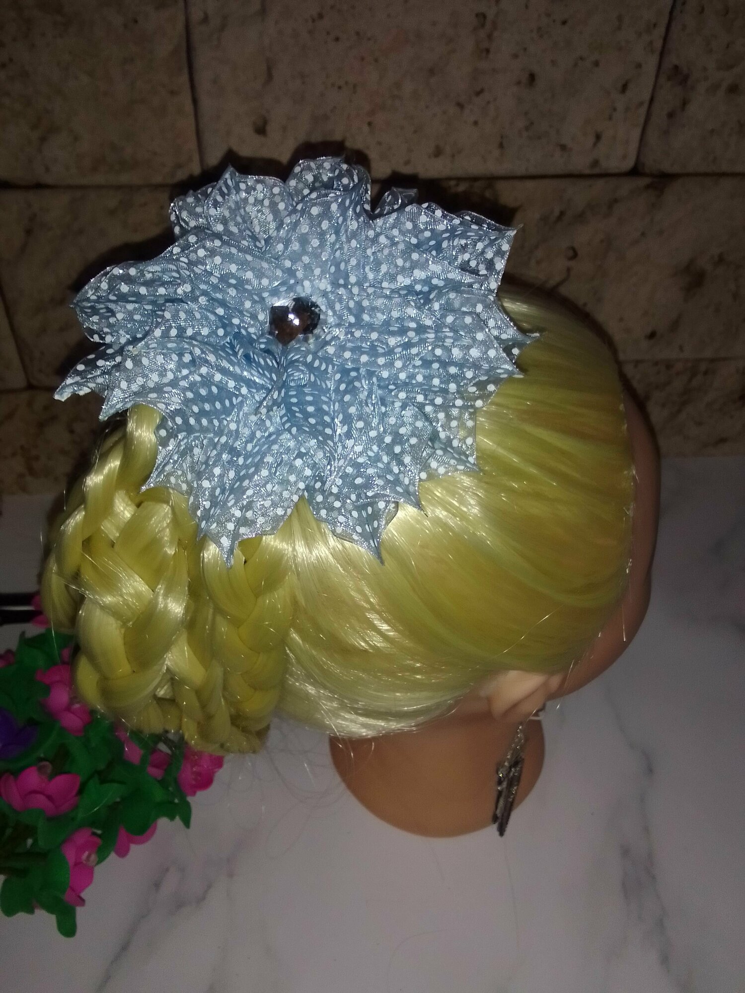 Резиночки "Пушистые звездочки", из органзы, голубые в горошек