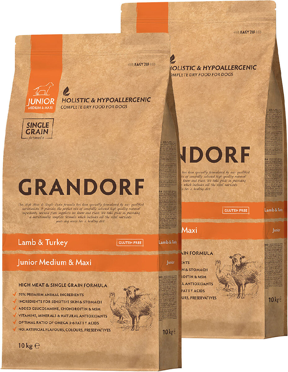 Корм сухой Grandorf Sg Junior Medium&Maxi Lamb&Turkey низкозерновой для юниоров средних и крупных пород с ягненоком и индейкой, 10 кг х 2 шт