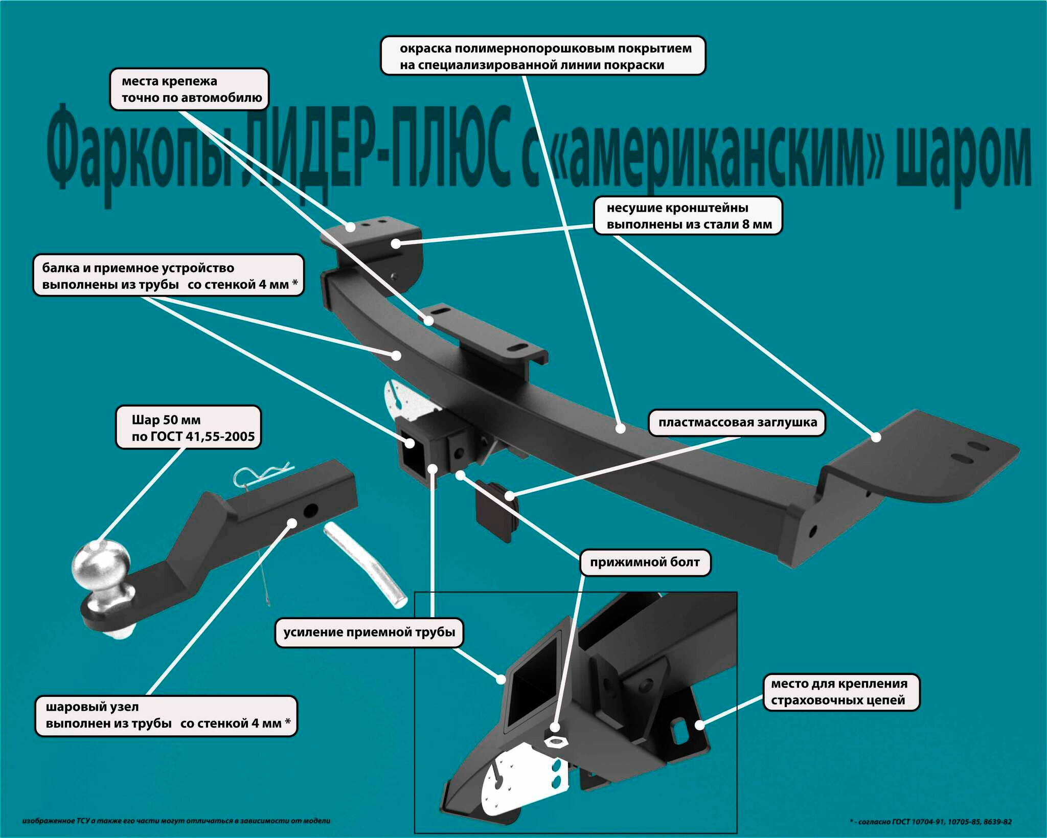 Фаркоп(прицепное) Лидер-Плюс для MERCEDES M CLASS (W164) 2005-2011/ MERСEDES GLS (W166) 2016 - . г. в. ( ШАР вставка 50*50 )(паспорт и сертификат в комплекте)(без электрики)M205-E