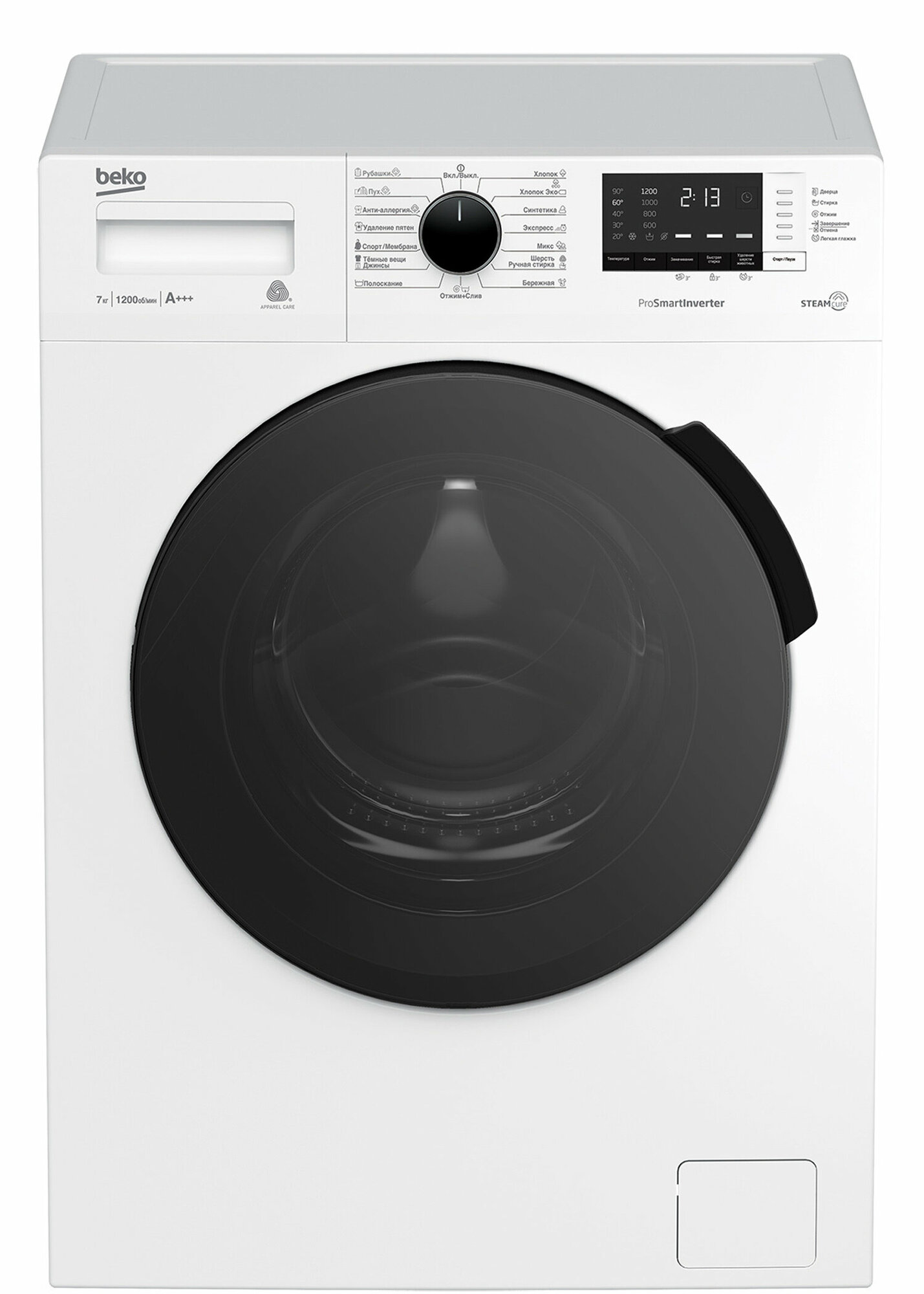Стиральная машина Beko RSPE78612W инверторный мотор, 7 кг, 15 программ, 1200 оборотов, функция пара, удаление шерсти, защита от накипи, белая