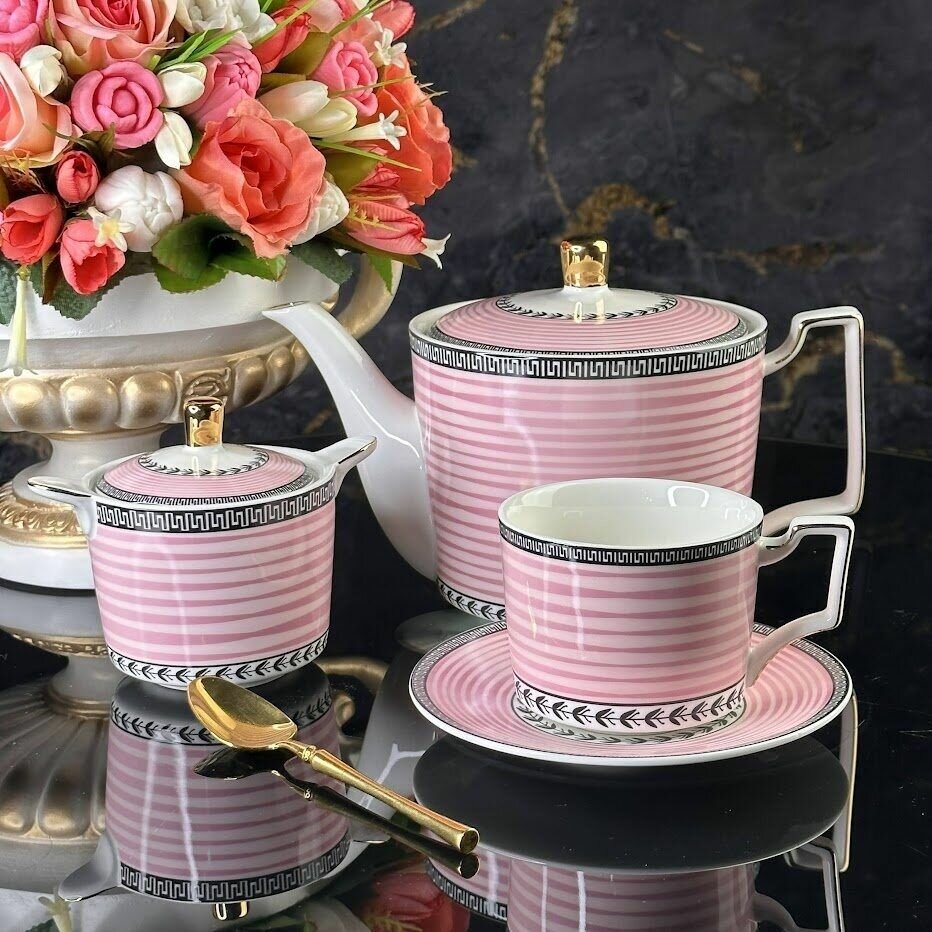 Чайный сервиз на 6 персон 14 предметов Lenardi чашки, чайник, блюдца, сахарница, фарфор