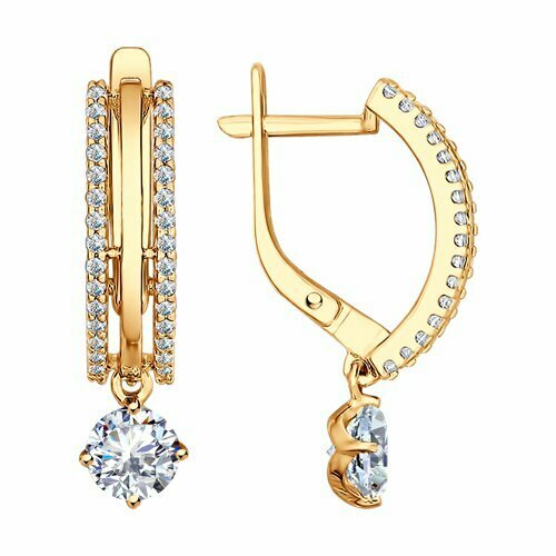 Серьги с подвесками, серебро, 925 проба, золочение, фианит