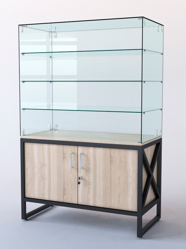 Витрина стеклянная "лофт стиль" островная №221 (без дверок, фасад-стекло), Дуб Сонома