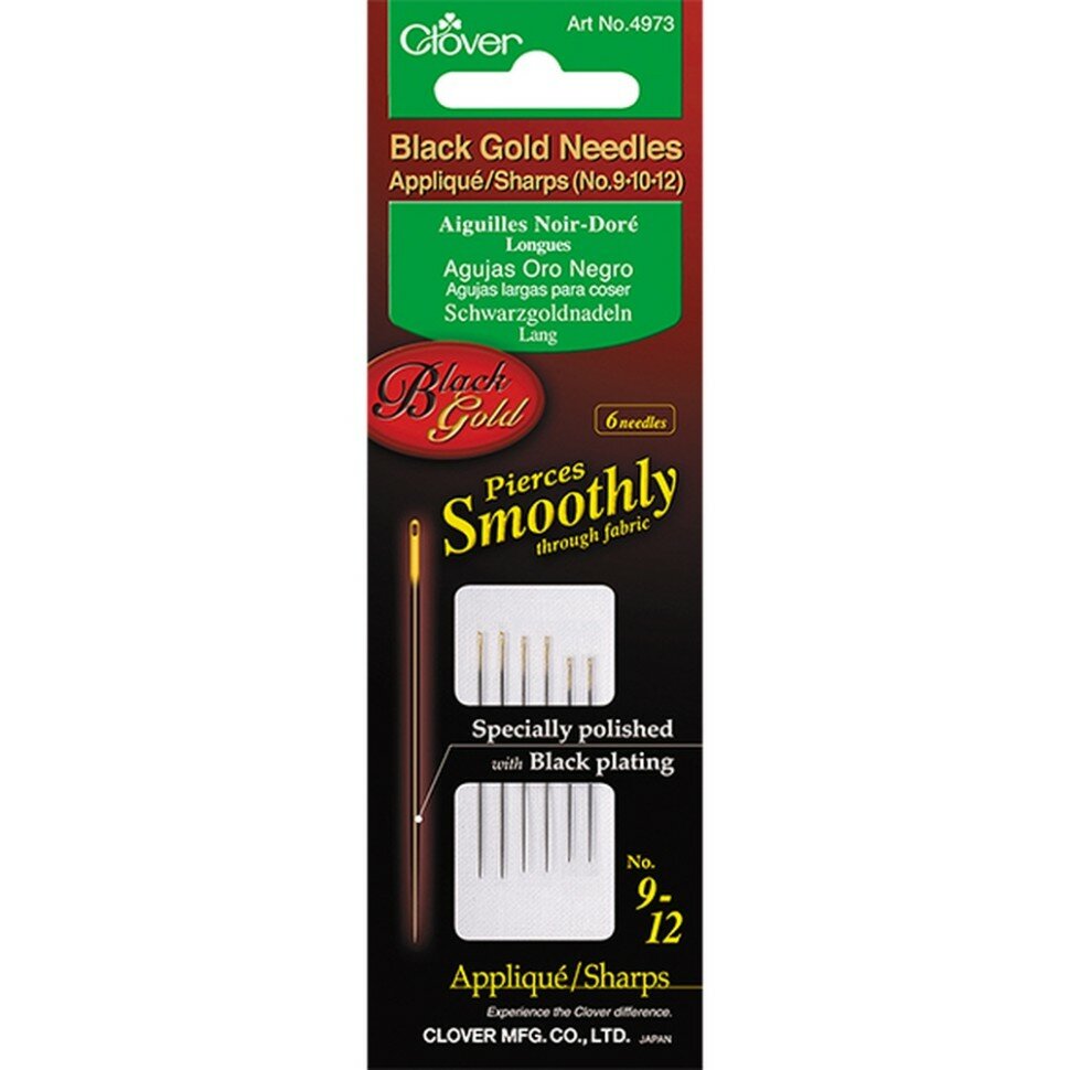 Clover 4973 Черно-золотые иглы для аппликаций, острые №9, №10, №12, 6 шт