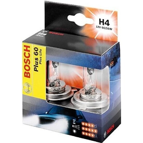 Лампа автомобильная Bosch H4 12V 60/55W P43t +50/60 комплект 2 шт, 1987301070