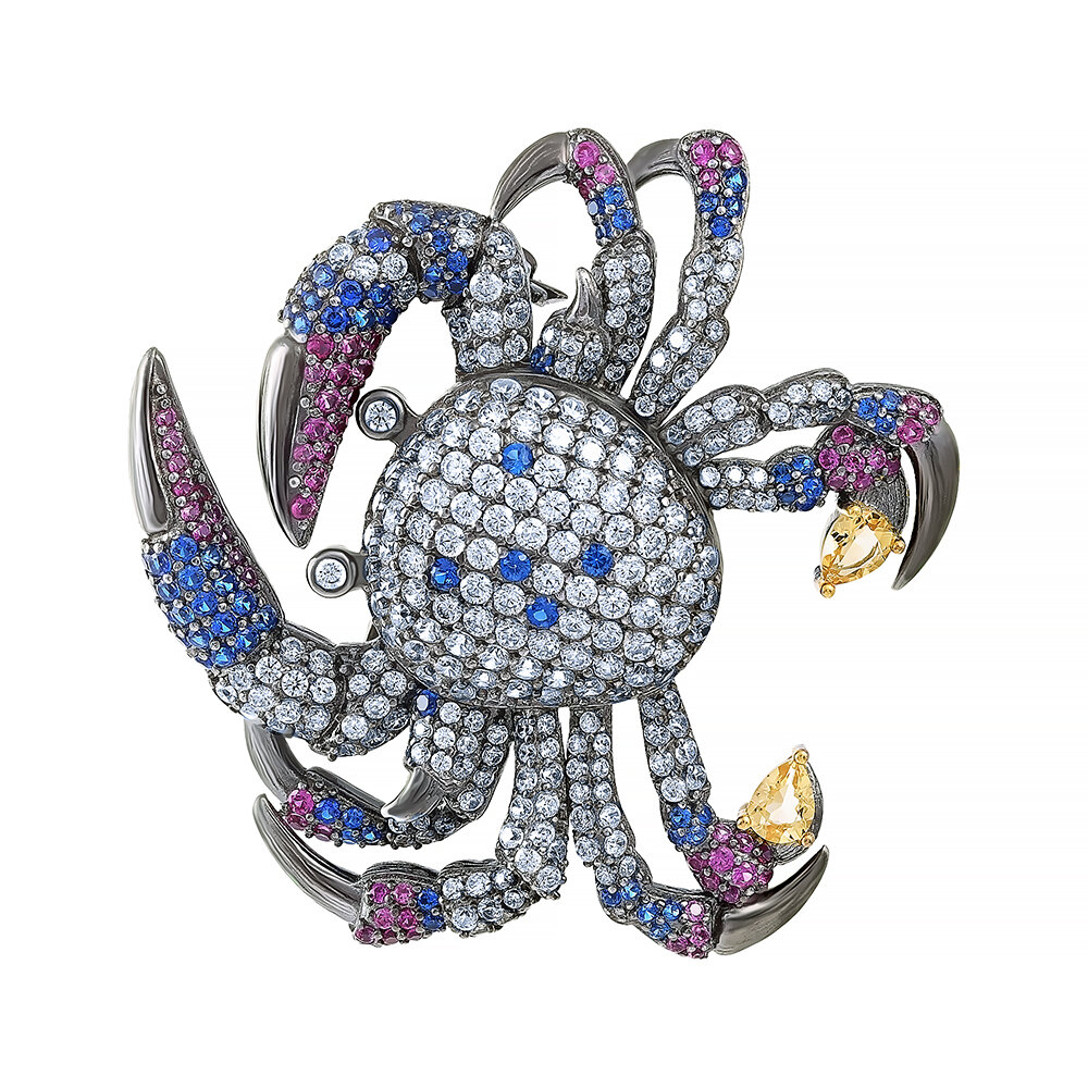 Брошь, серебро, 925 проба, цитрин, фианит