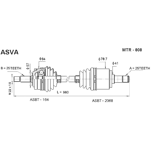 ASVA mtr-808 (MR567006 / MR580575 / MR580576) привод правый 25x960x25 Mitsubishi (Мицубиси) Mitsubishi (Мицубиси) : Lancer