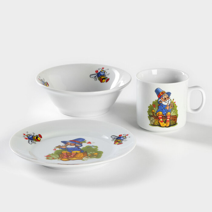 Набор посуды детский Добрушский завод «Лесовичок», 3 предмета: кружка, миска, тарелка, фарфор, белый, рисунок микс