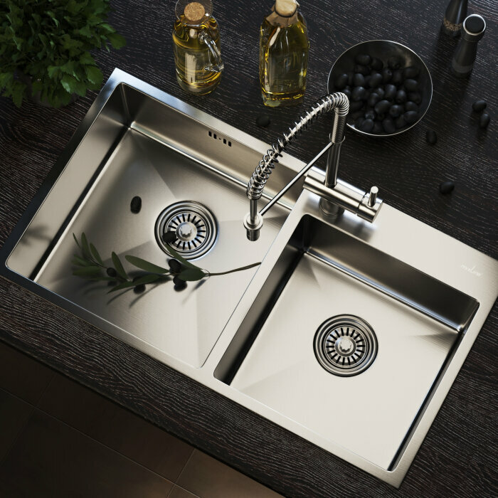 Мойка для кухни из нержавеющей стали Mixline Pro 72х40, двухчашевая, с сифоном (сатин)