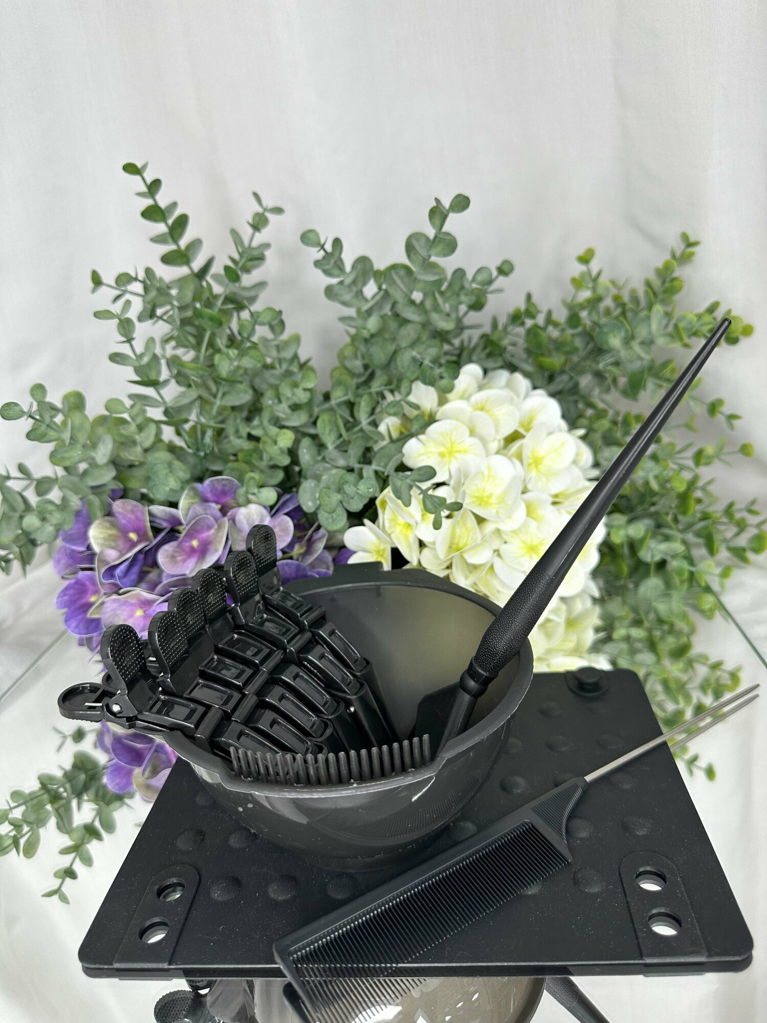 Набор для окрашивания и реконструкции волос миска кисть зажимы коврик термостойкий черный