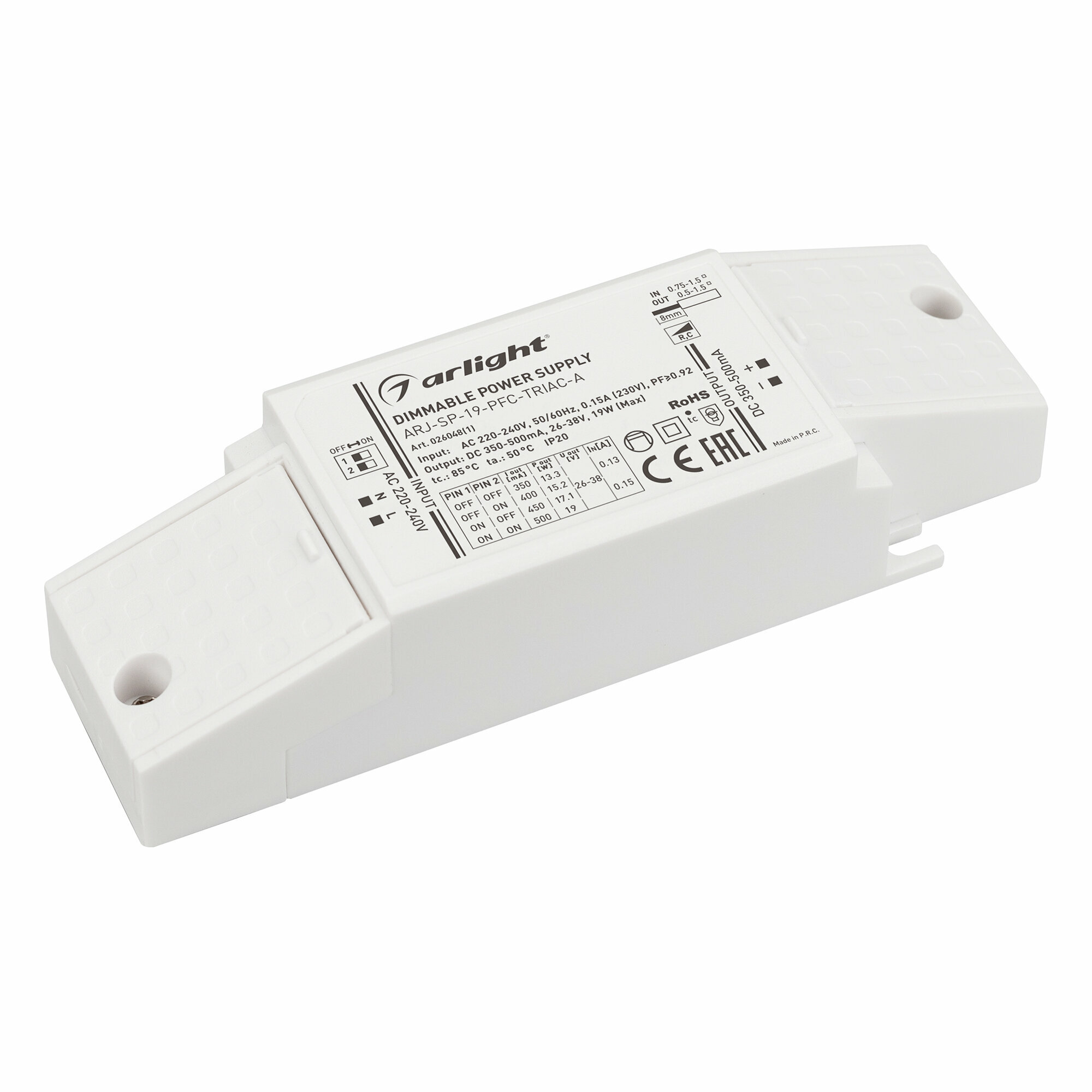 Блок питания для светодиодной ленты Arlight ARJ-SP-19-PFC-TRIAC-INS (19W, 26-38V, 0.35-0.5A)