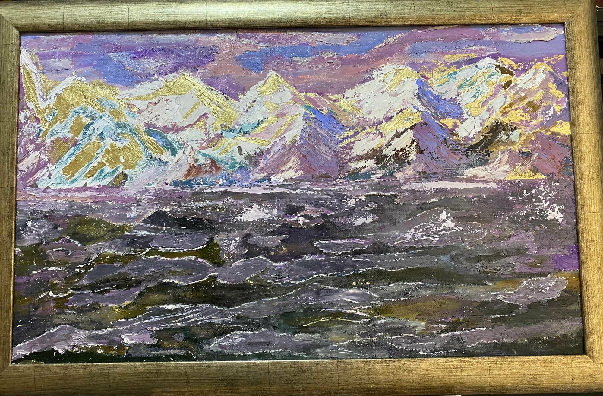 Картина в раме. Миляева Нина "Рождение утра в Тибете", холст, масло, 60x100. Авторская живопись.