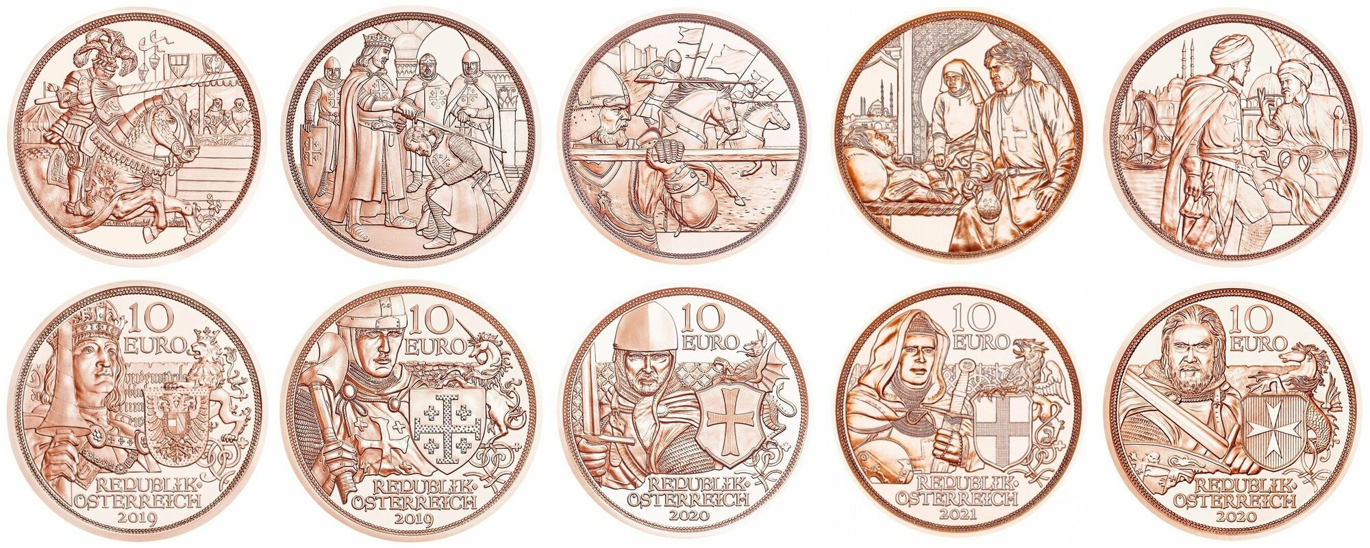 Австрия 10 евро 2019 - 2021 Рыцарские истории - набор 5 монет