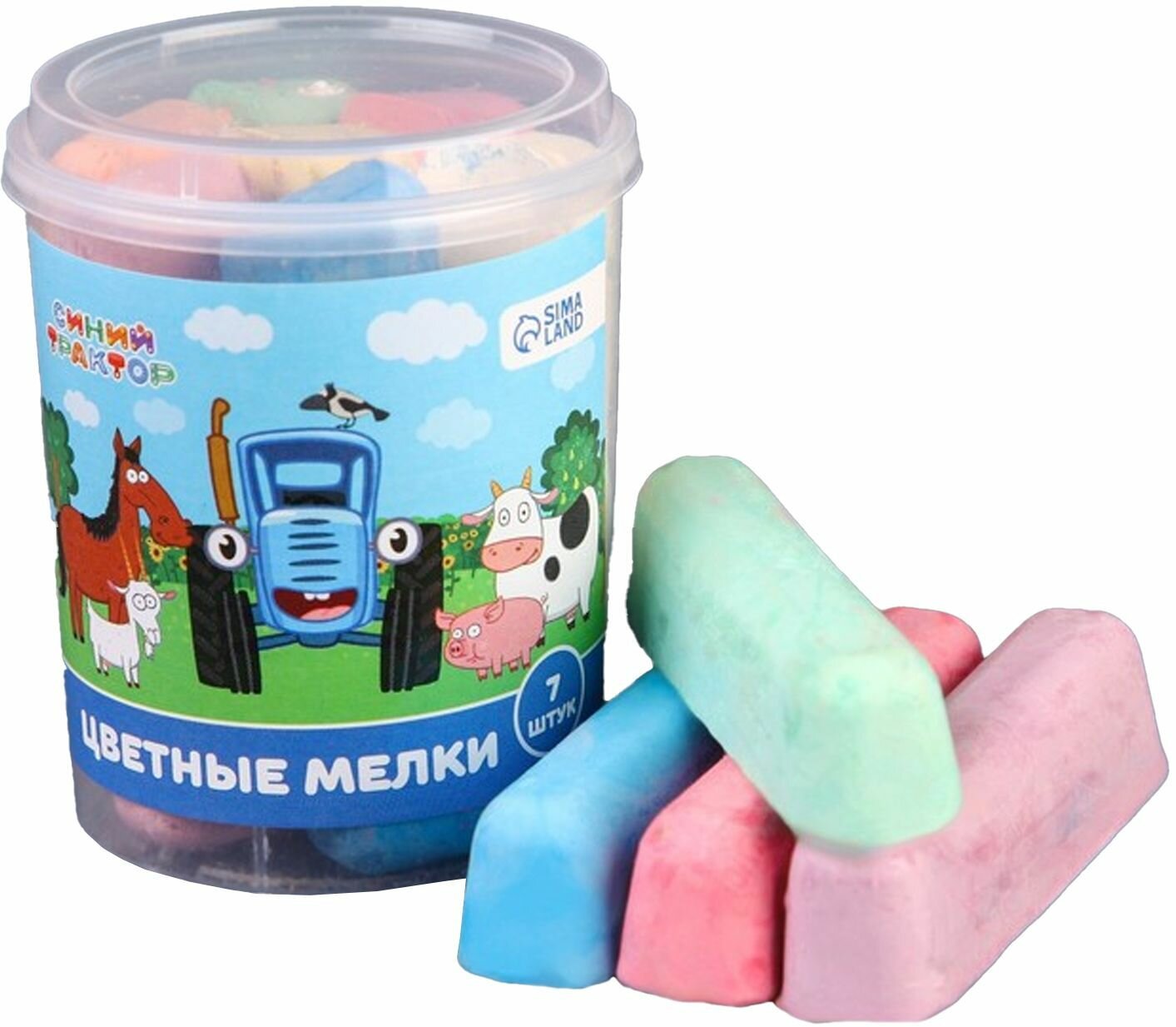 Набор цветных мелков Синий трактор для рисования на доске и асфальте в ведерке, 7 цветов