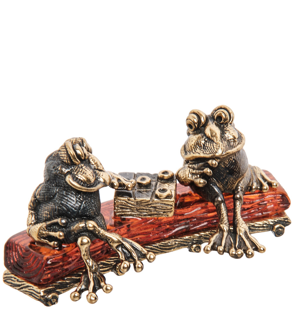 Фигурка 'Лягушки на пне' (латунь, янтарь)