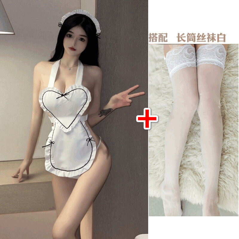 Сексуальное нижнее белье, костюм горничной в форме сердца, соблазнительный фартук с завязками, костюм горничной, комплект униформы для ролевых игр. Горничная + белые чулки.