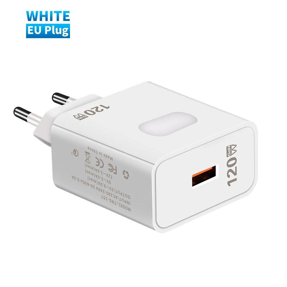 120 Вт GaN USB-зарядное устройство для быстрой зарядки, кабель 3,0 типа C, 10А, зарядное White EU