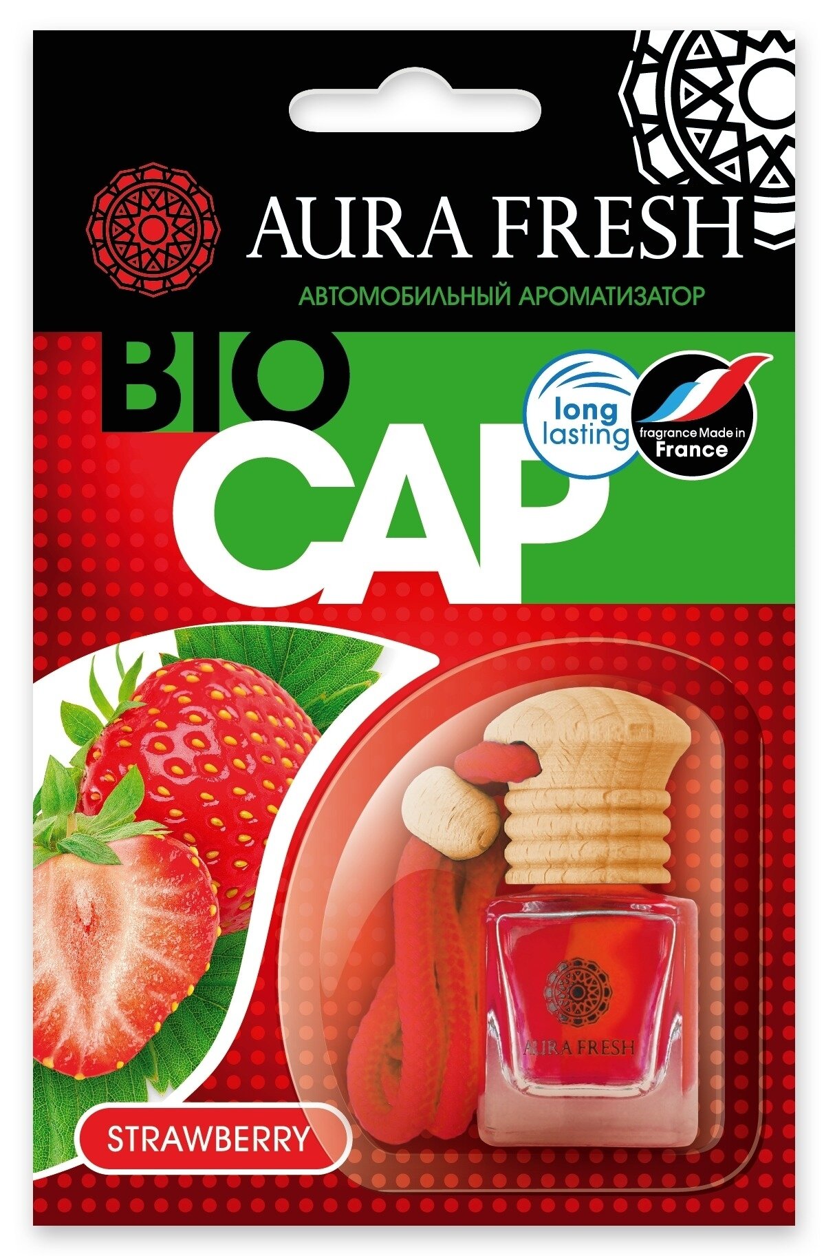 Ароматизатор автомобильный Aura Fresh / Аура Фреш Bio Cap Strawberry подвесной, клубничный, 6мл / автотовары