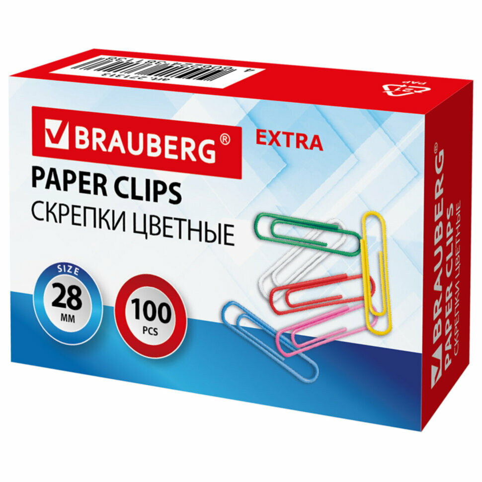 Скрепки EXTRA BRAUBERG 28 мм цветные 100 штук, 271313, 271313
