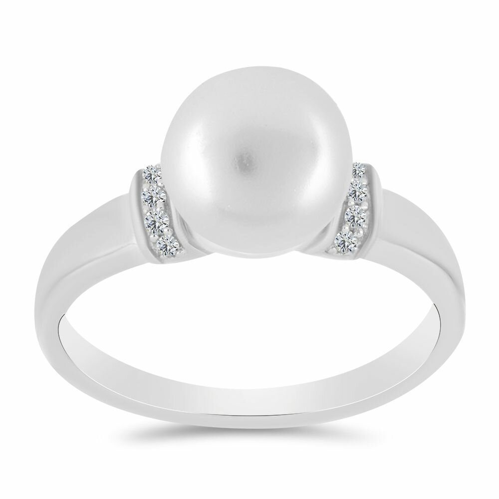 Кольцо тонкое, серебро, 925 проба, родирование, фианит, жемчуг культивированный