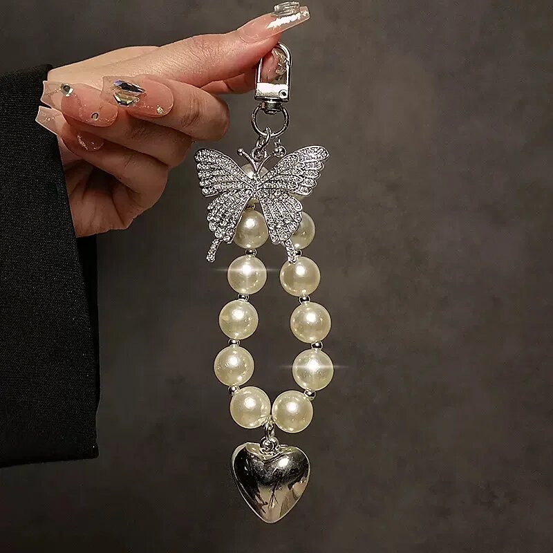 Брелок-брелок с жемчугом и бисером, браслет, ремешок для телефона, милое сердце любви, ремешок для камеры мобильного телефона, анти-потерянный ремешок, White