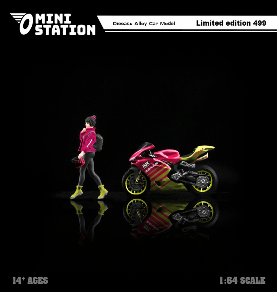 Мотоцикл с фигуркой Mini Station 1:64 Porsche RWB 964 ADVAN Motorcycle with figure Yellow and pink