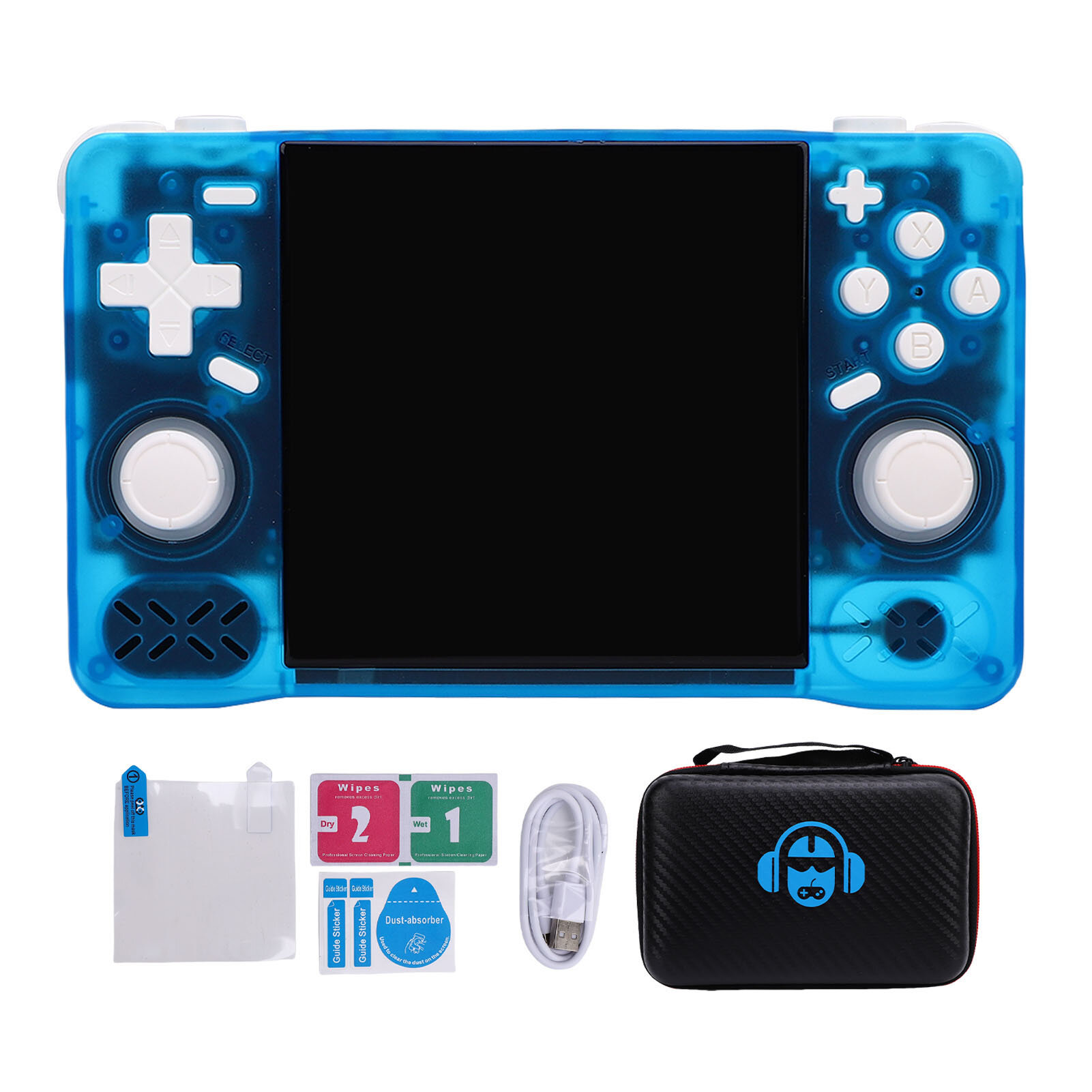 Ретро портативная игровая консоль с 4-дюймовым экраном, частотой 1,5 ГГц, перезаряжаемая, для дома и путешествий, прозрачно-синего цвета, 64 ГБ памяти.
