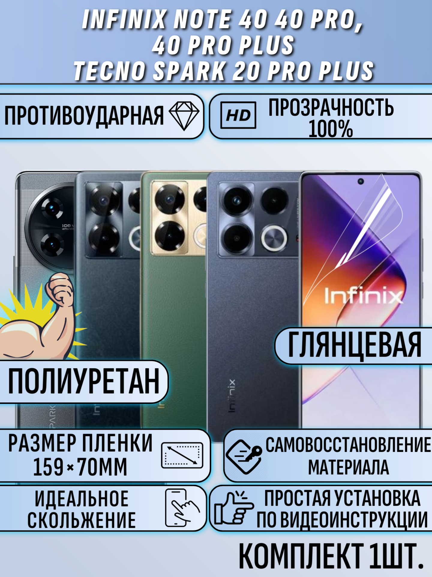 Гидрогелевая пленка для Infinix Note 40 40 Pro 40 Pro Plus Tecno Spark 20 Pro+ полиуретановое покрытие под чехол