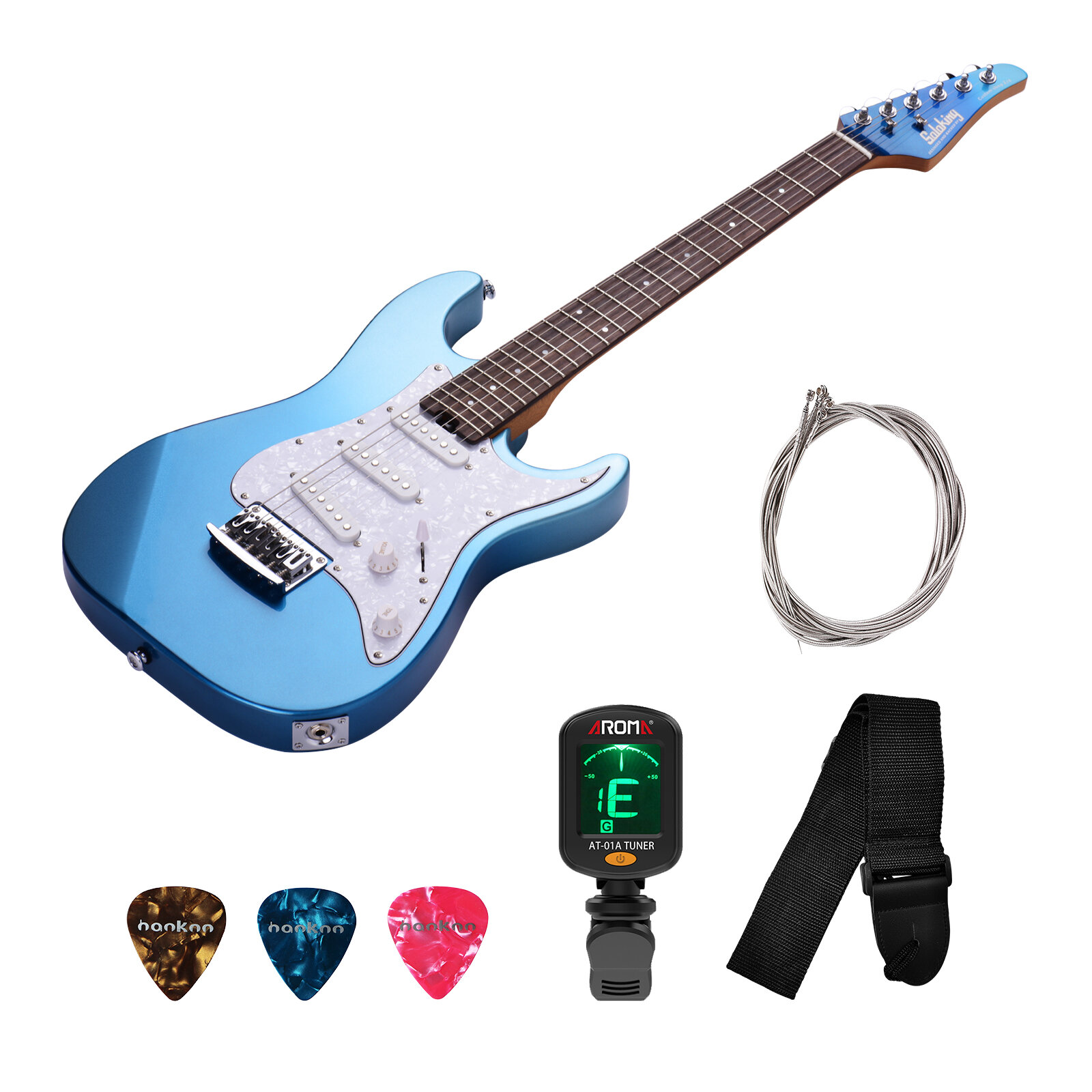 Электрогитара с крепление болтами для правшей руки Mini 2/4 корпус из альдера гриф и накладка из клена пластина защита белый жемчуг звукосниматель SSS для детей новичков с комплект струн ремень тюнер пики сумка для хранения синий цвет 22 ладов 6 струн