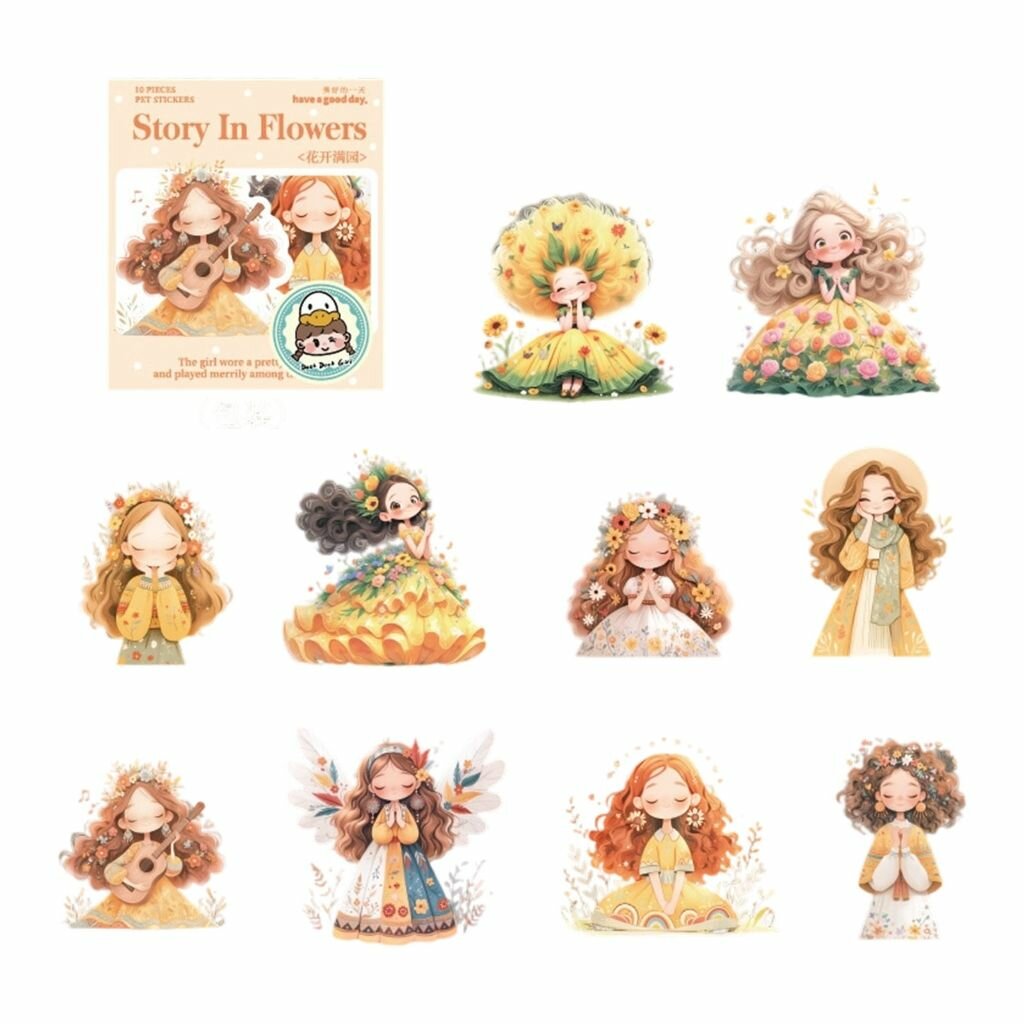 Набор наклеек для милой мультяшной девочки Good day pet story in the flowers -Полный цветов в саду