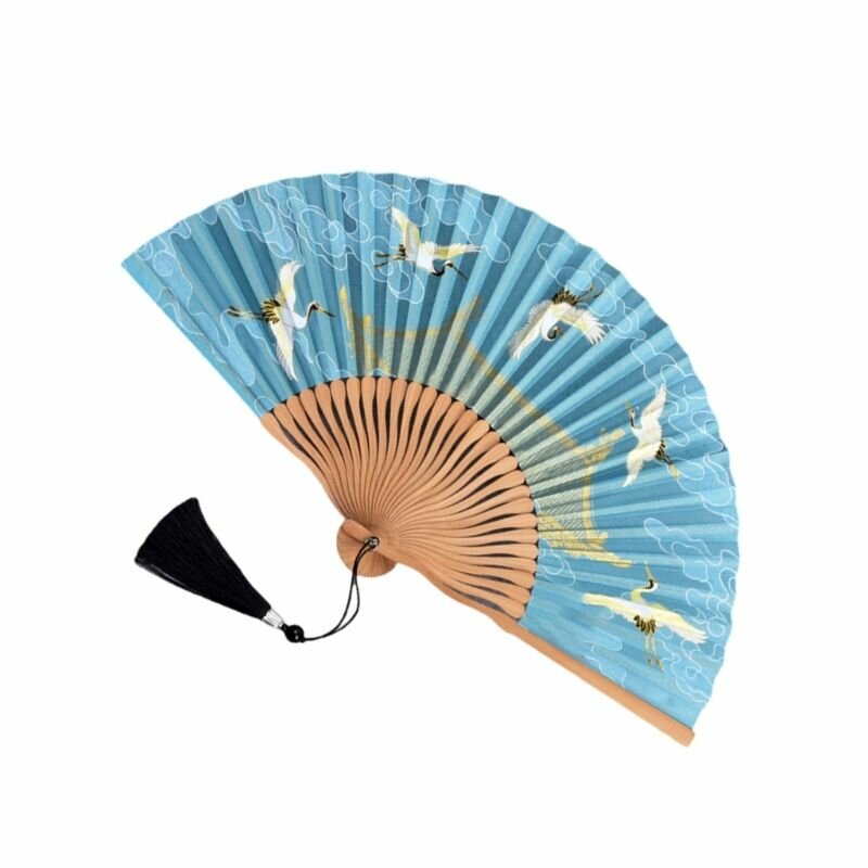 Старинный Веер из Коричневой Кости с Рисунком Жуйхэ-Светло-Голубой