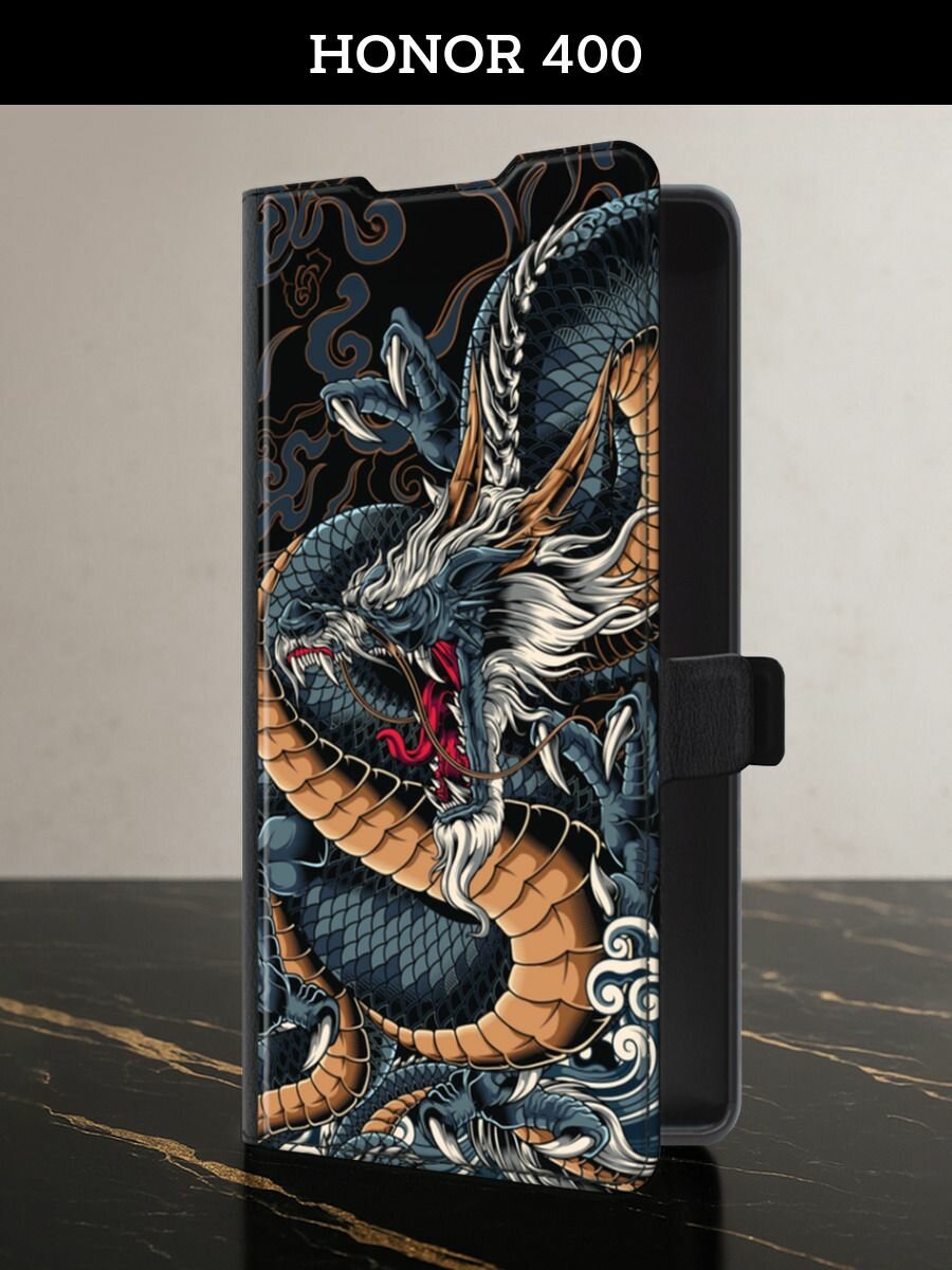 Чехол-книжка на Honor 400 (Хонор 400) с картой и принтом "Japanese Dragon"