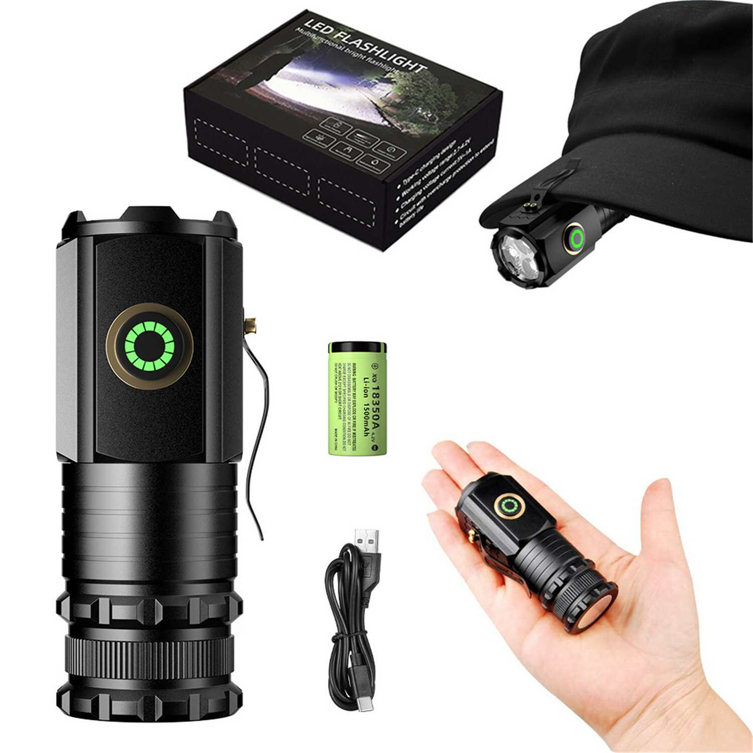 Мини фонарик LED, мини фонарик на кепку, мини ручной ручкивый фонарик, мини перезаряжаемый фонарик, 3 лампы XHP35, размер 8*3см/11*3см, коробка 12*8*5см, алюминий сплав, батарейка 18350/18650 литиевая, Type-c быстрая зарядка, IPX5, 1600LM, хвостовое