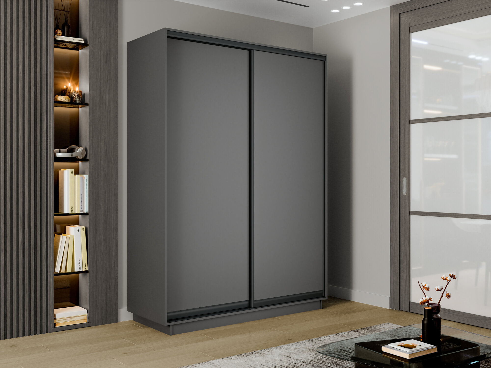 Шкаф купе Вилли 2-х дверный ЛДСП, профиль черный 160 см х 240 см х 45 см (Серый диамант)