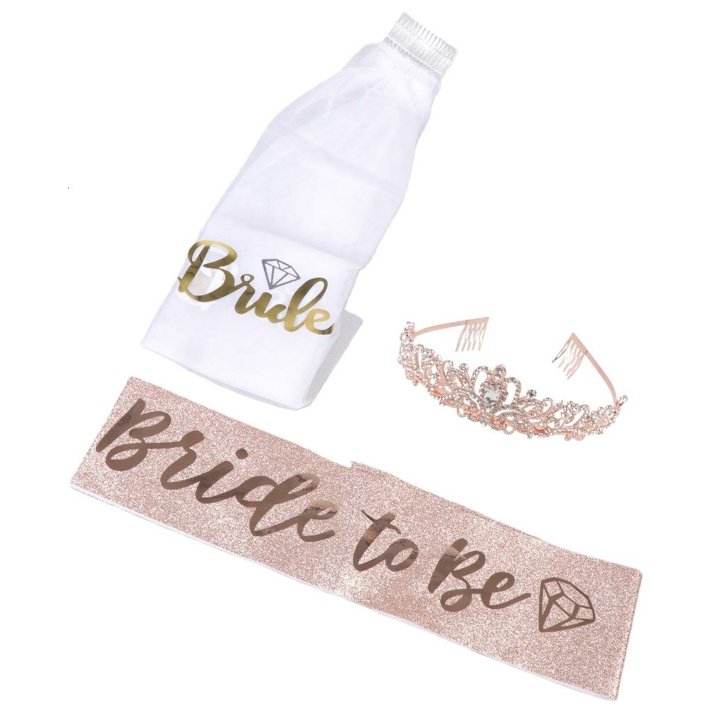 Свадебный комплект: фата, пояс и корона, Розовое золото 3 штуки se