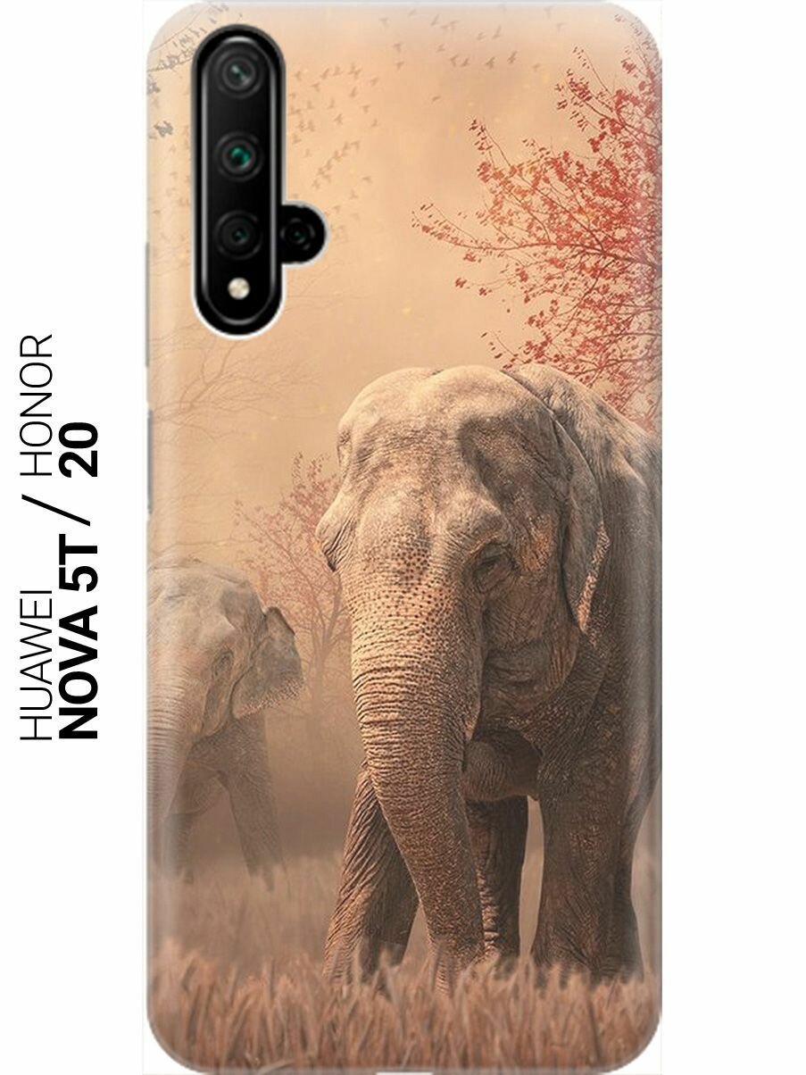 Силиконовый чехол на Honor 20, Huawei Nova 5T, Хонор 20, Хуавей Нова 5Т с принтом "Закатный песочный слон"