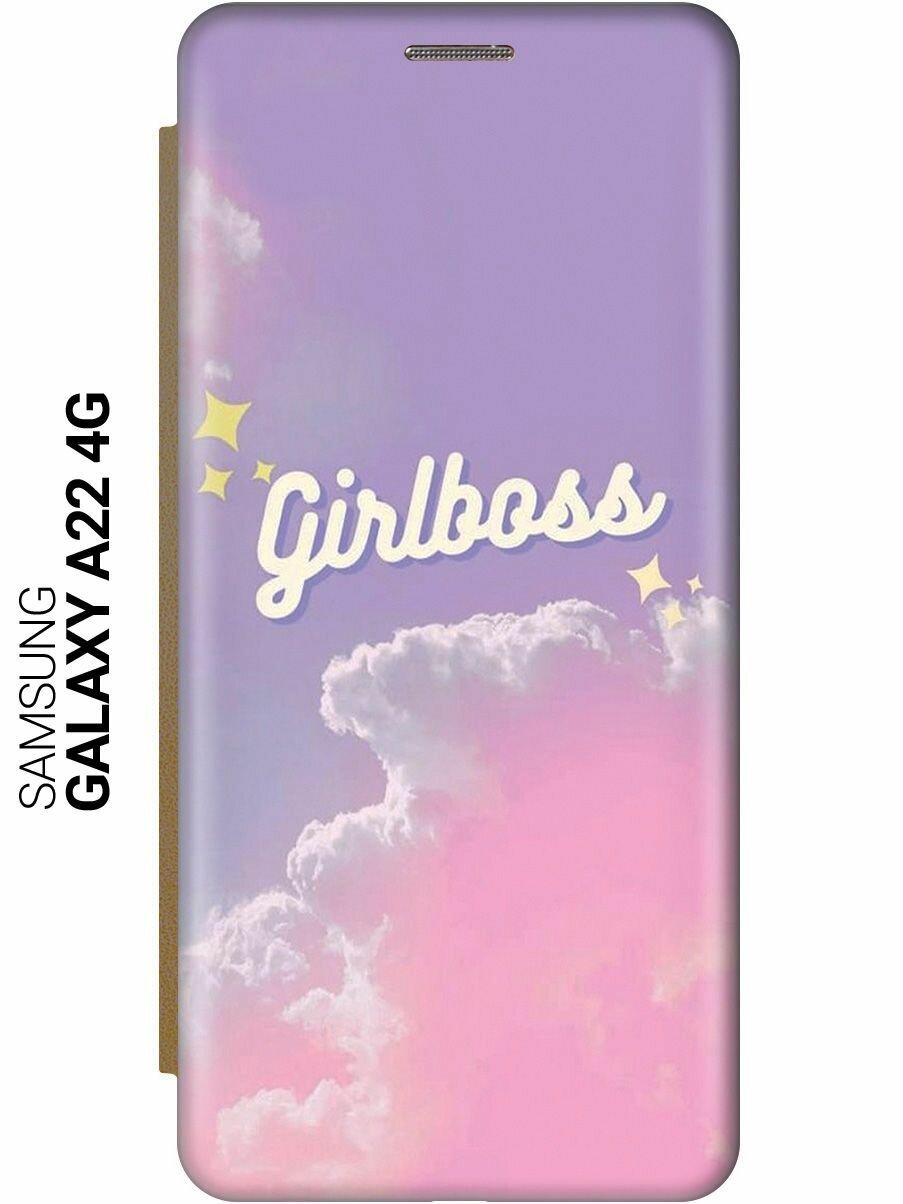 Чехол-книжка на Samsung Galaxy A22, M32, M22, Самсунг А22, М32, М22 c принтом "Девушка-Босс" золотистый