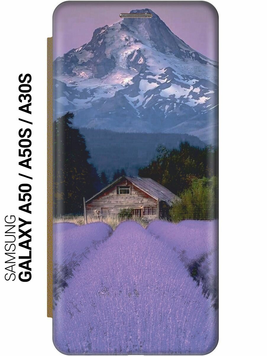 Чехол-книжка на Samsung Galaxy A50, A50s, A30s, Самсунг А50, А30с, А50с c принтом "Лавандовое поле в горах" золотистый
