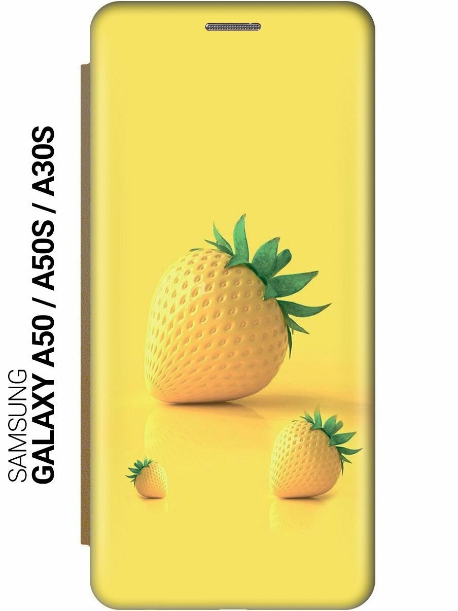 Чехол-книжка на Samsung Galaxy A50, A50s, A30s, Самсунг А50, А30с, А50с c принтом "Желтая клубника" золотистый