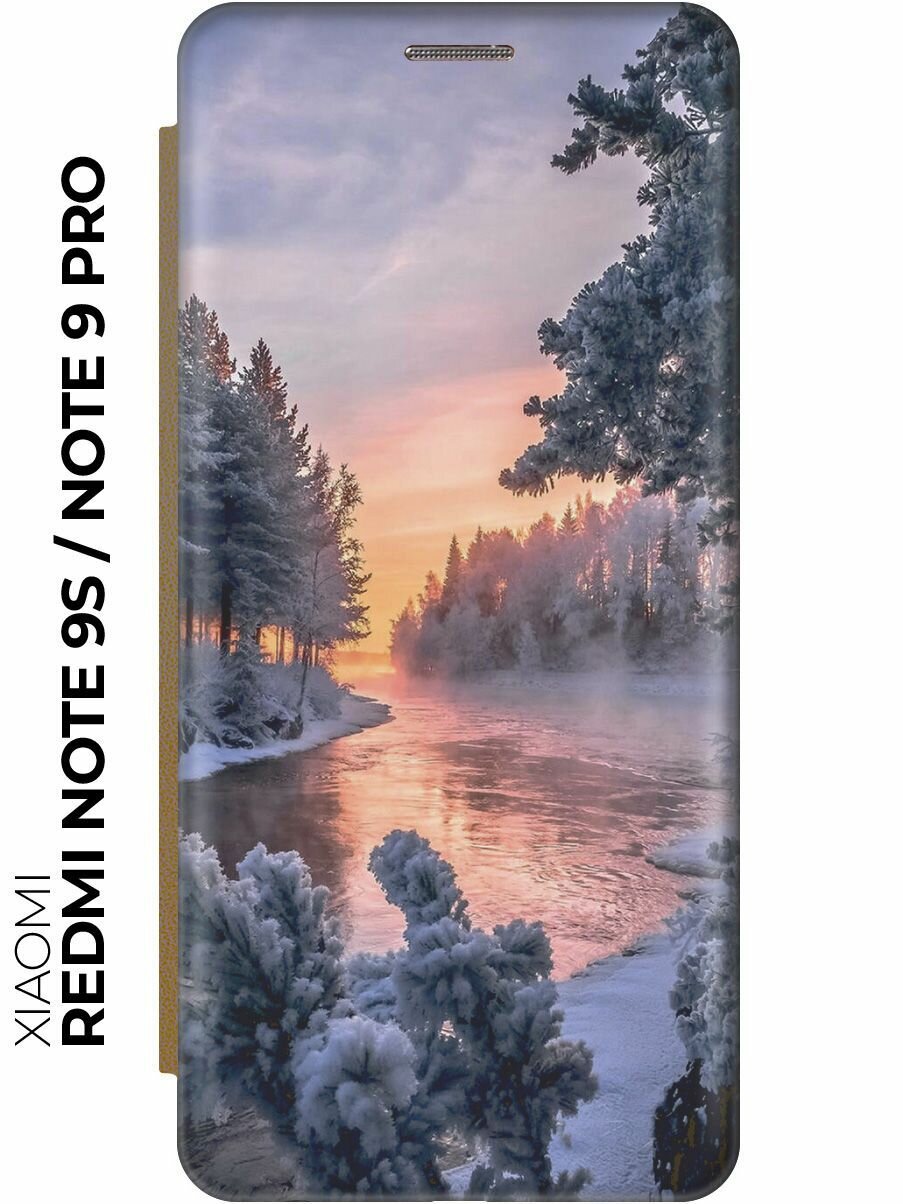 Чехол-книжка Река в заснеженном лесу на Xiaomi Redmi Note 9s / Note 9 Pro / Сяоми Редми Ноут 9с / Ноут 9 Про золотой