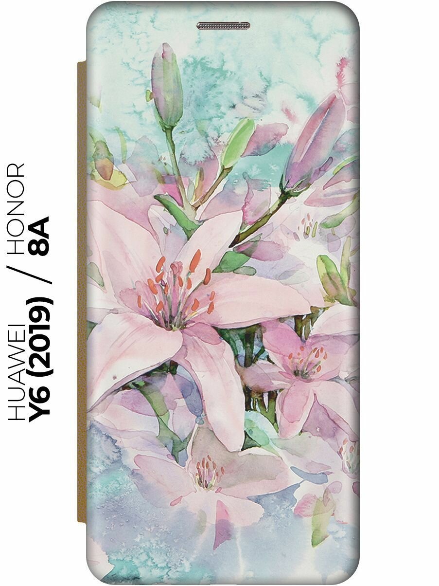 Чехол-книжка Нежные розовые цветы на Honor 8A / 8A Pro / Huawei Y6 (2019) / Y6 Prime (2019) / Хонор 8а / 8а Про / Хуавей У6 Прайм 2019 золотой