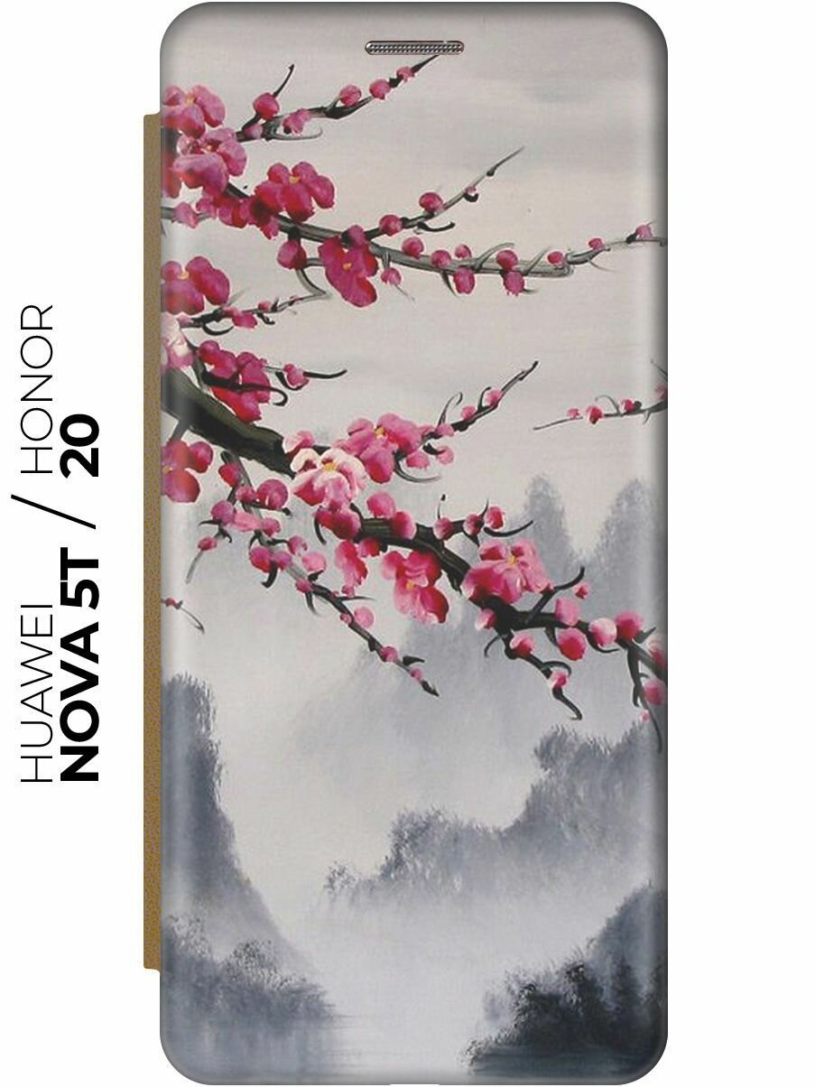 Чехол-книжка Сакура на Honor 20 / Huawei Nova 5T / Хонор 20 / Хуавей Нова 5Т золотой