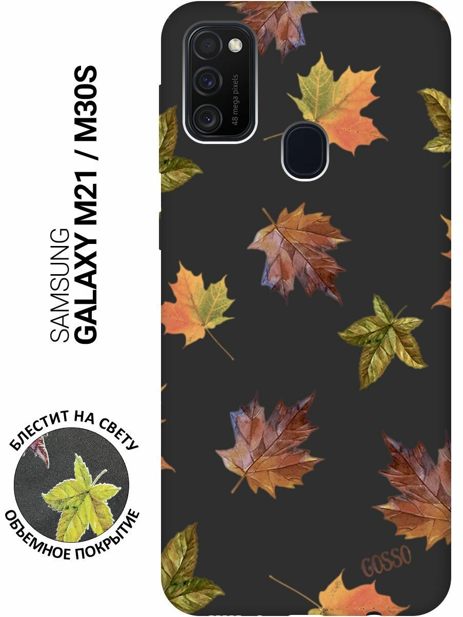 Матовый Soft Touch силиконовый чехол на Samsung Galaxy M21, M30s, Самсунг М21 с 3D принтом "Maple" черный