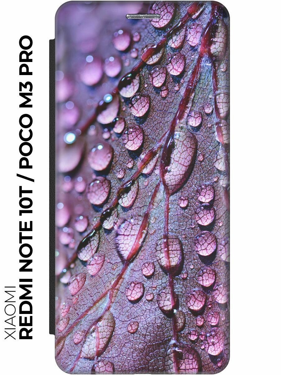 Чехол-книжка Лист в каплях на Xiaomi Redmi Note 10T / Poco M3 Pro / Сяоми Поко М3 Про / Сяоми Редми Ноут 10Т черный