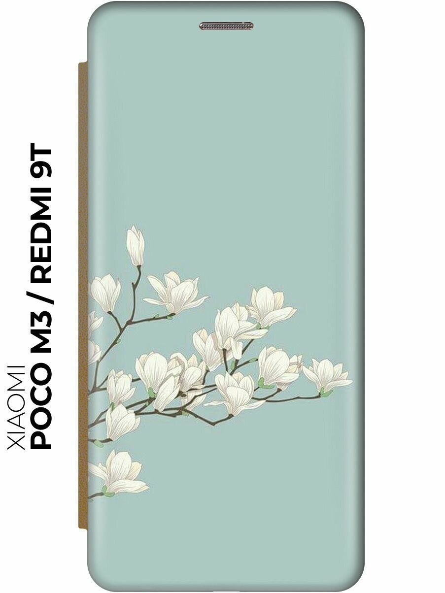 Чехол-книжка Сакура на голубом на Xiaomi Redmi 9T / Poco M3 / Сяоми Поко М3 / Сяоми Редми 9Т золотой