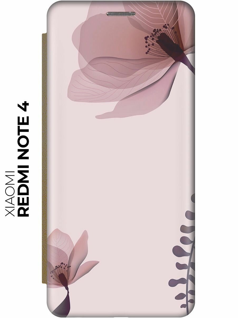 Чехол-книжка Два цветка на розовом на Xiaomi Redmi Note 4 / Note 4X / Сяоми Редми Ноут 4 / Ноут 4Х золотой