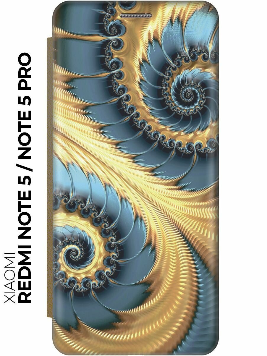 Чехол-книжка Сине-золотые узоры на Xiaomi Redmi Note 5 / Note 5 Pro / Сяоми Редми Ноут 5 / Ноут 5 Про золотой