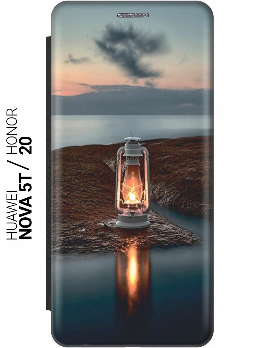 Чехол-книжка на Honor 20, Huawei Nova 5T, Хонор 20, Хуавей Нова 5Т c принтом "Фонарь на берегу" черный
