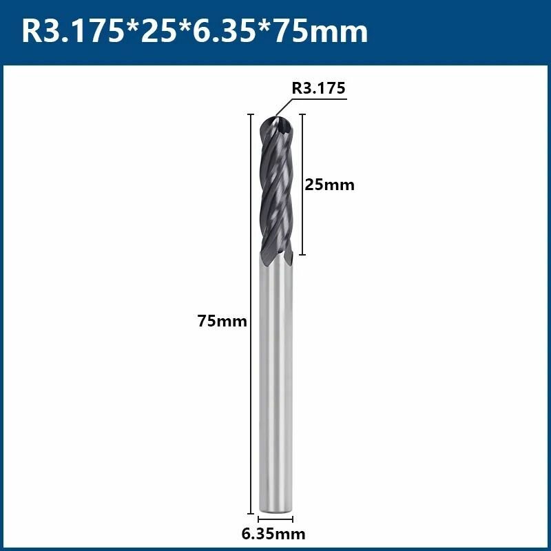 Фреза концевая четырехзаходная сферическая XCAN R3.175х25х6.35х75, покрытие TiALN